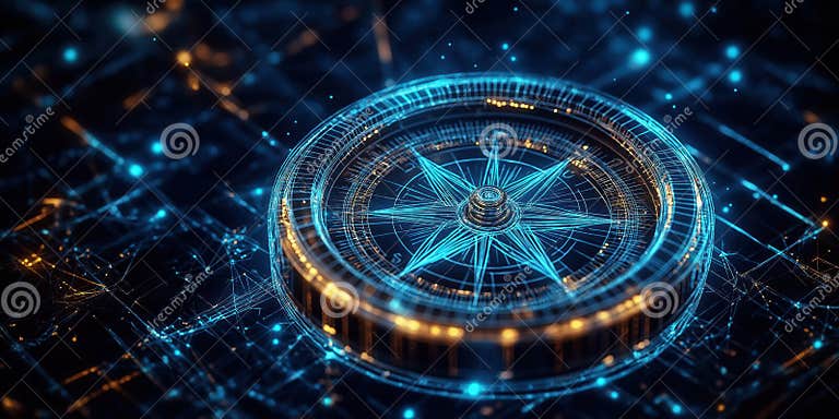 Futuristic Digital Compass with Glowing Blue Lines, Particles. Tech ...