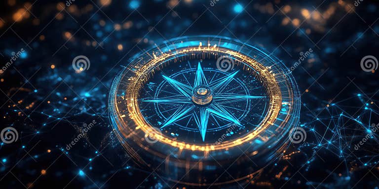 Futuristic Digital Compass Glows with Blue Lines, Particles. Tech ...