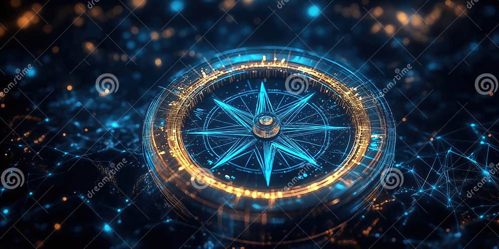 Futuristic Digital Compass Glows with Blue Lines, Particles. Tech ...