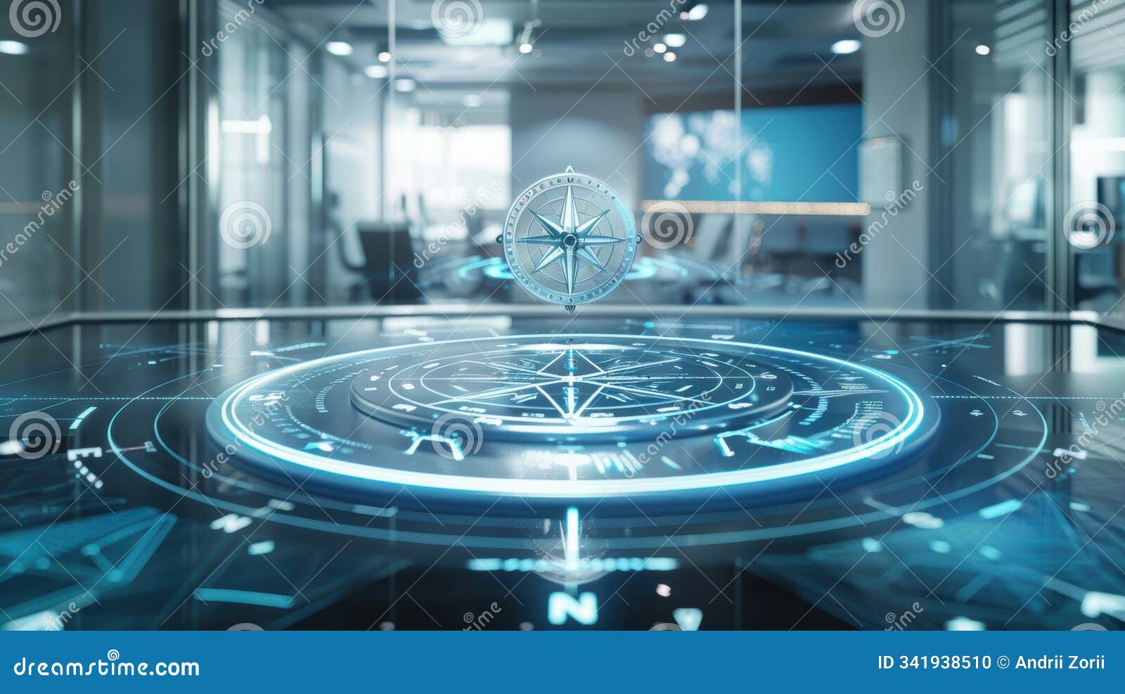 Futuristic Digital Compass in Modern Office Symbolizing Tech-Driven ...