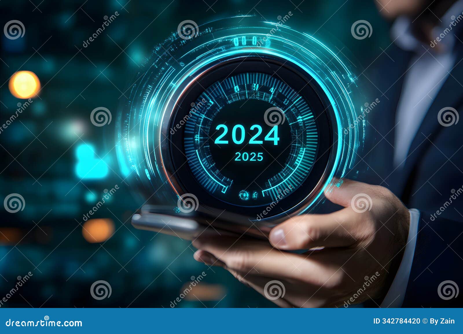 Futuristic Digital Countdown from 2024 To 2025 Displayed on a High-Tech ...