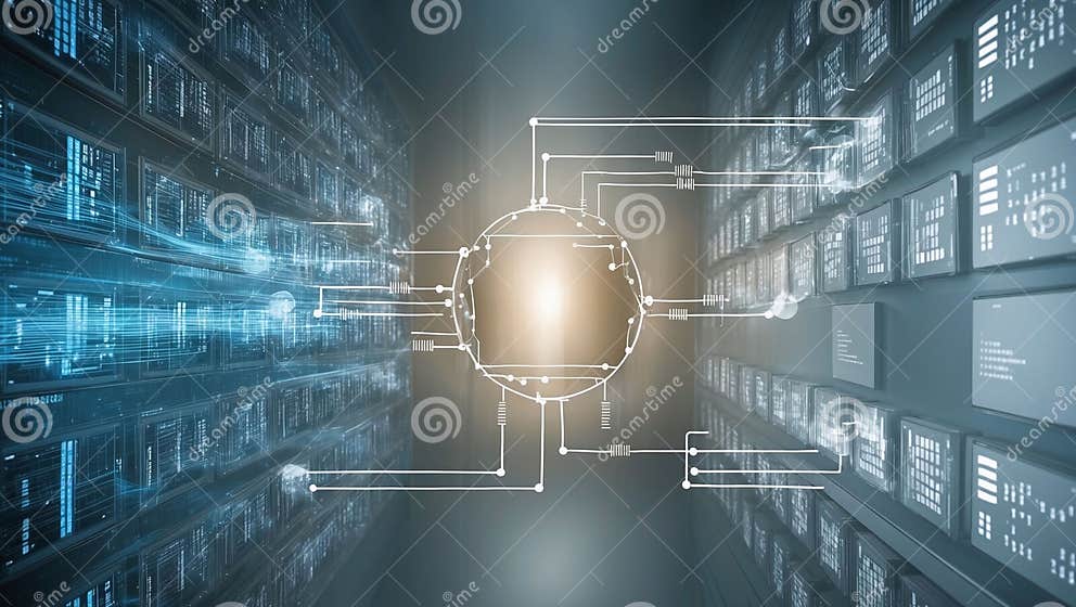Futuristic Digital Data Flow in Server Room with Glowing Connections in ...