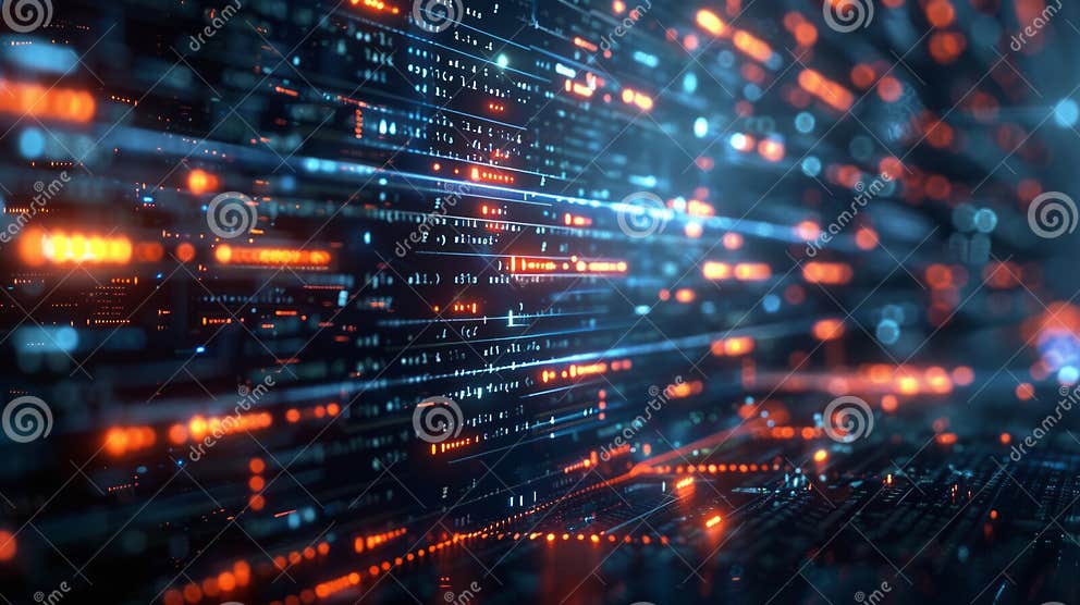 Futuristic Digital Data and Network Server Background with Glowing Lights Representing High Tech ...