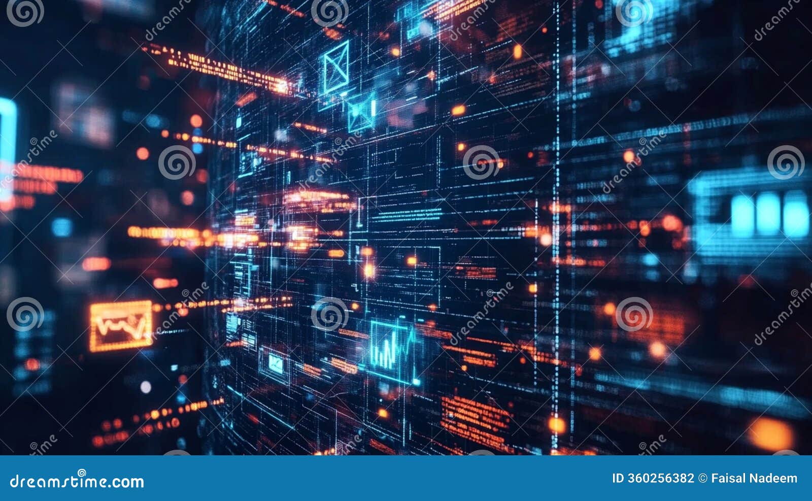 Abstract Digital Data Stream Futuristic Technology Background Orange Blue Code Flow Cyber Space ...