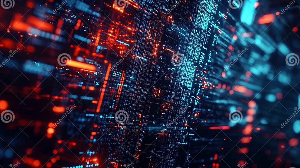 Abstract Digital Data Stream Red Blue Technology Background Futuristic Code Matrix Glow Flow ...