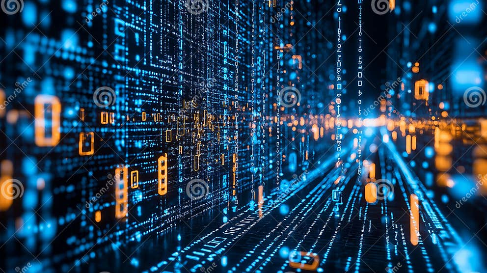 Futuristic Digital Data Stream with Glowing Blue and Orange Codes ...