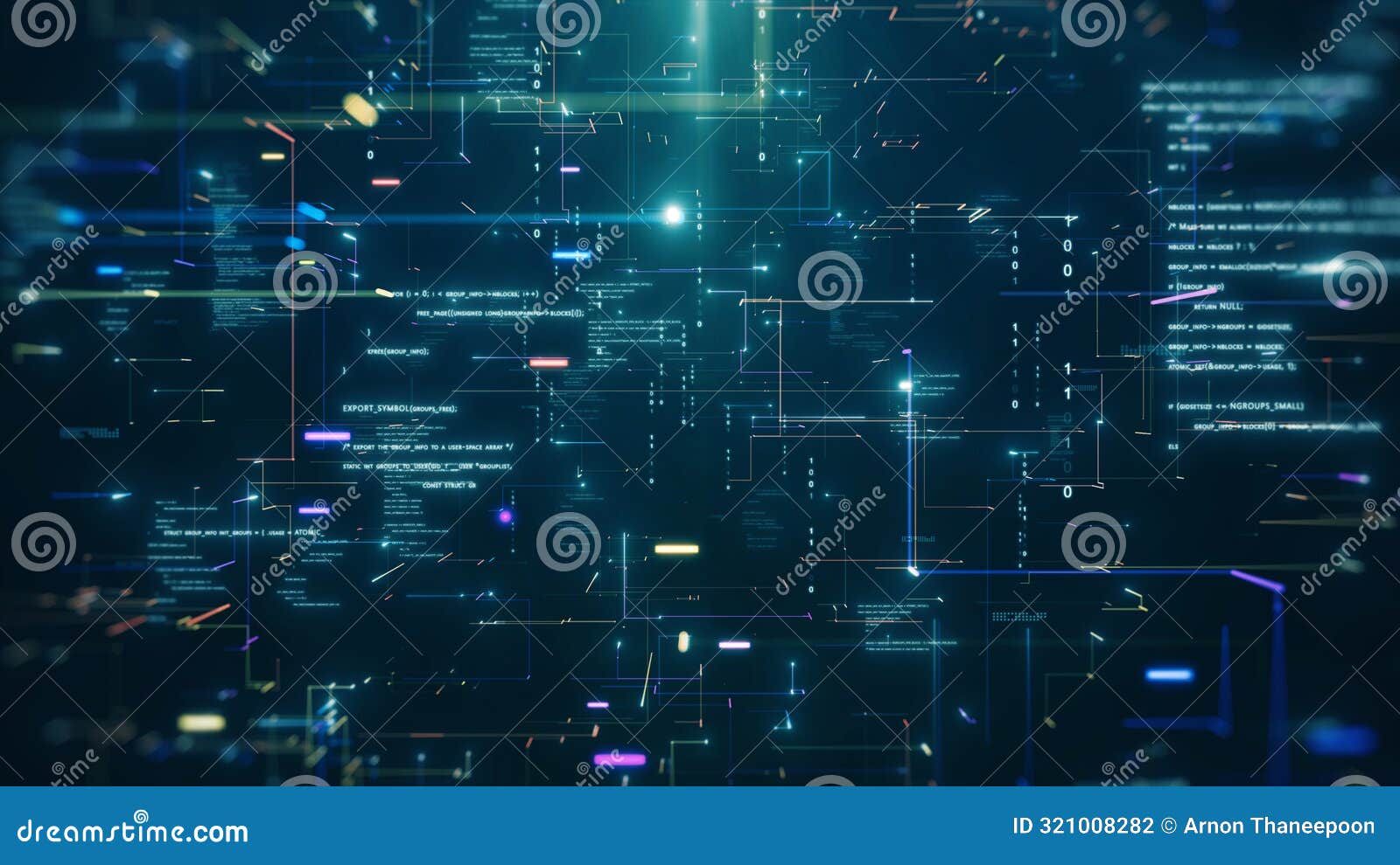 Futuristic Digital Data Stream with Glowing Lines of Abstract Binary Code on a Dark Green ...
