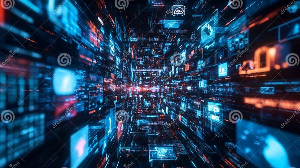 Abstract Digital Data Stream Tunnel Futuristic Technology Background Blue Red Code Flow Cyber ...