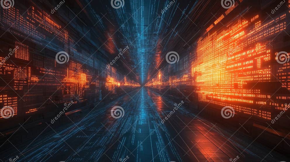 Futuristic Digital Data Tunnel with Glowing Orange and Blue Codes Stock ...