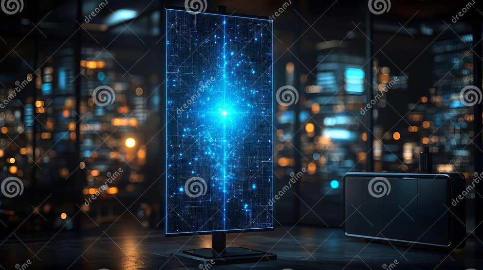 Futuristic Digital Display with Glowing Particles in a Modern Urban ...