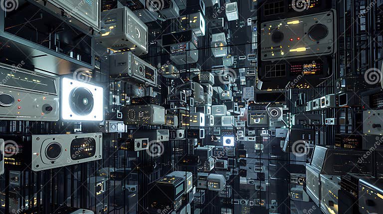 Futuristic Digital Environment with Interconnected Technology and Abstract Sound Systems in a ...