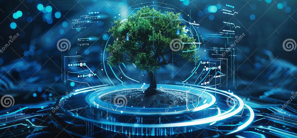 Futuristic Digital Environment Showcasing a Tree with Technology ...