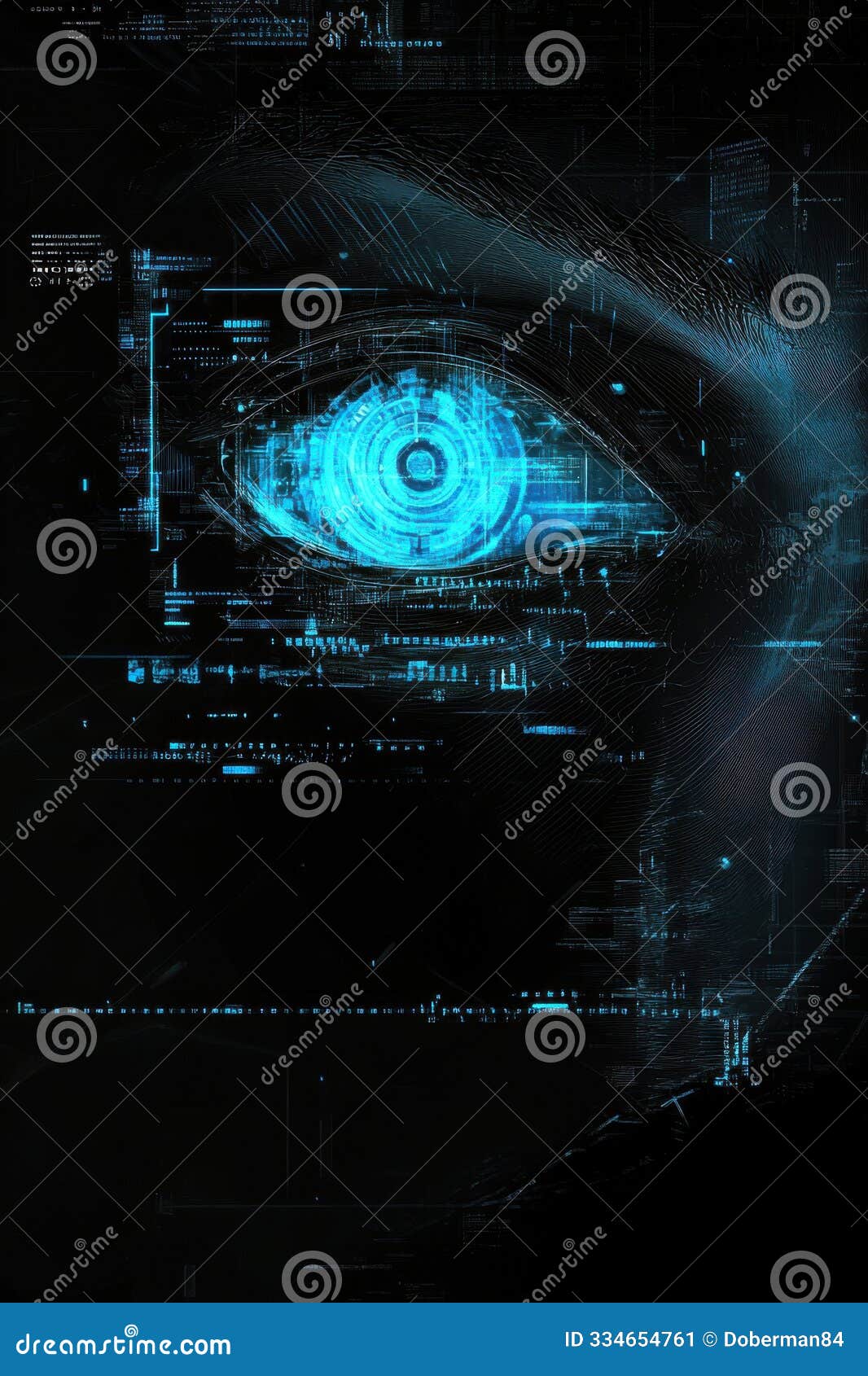 Futuristic Digital Eye with Glowing Blue Lines and High-tech Symbols ...