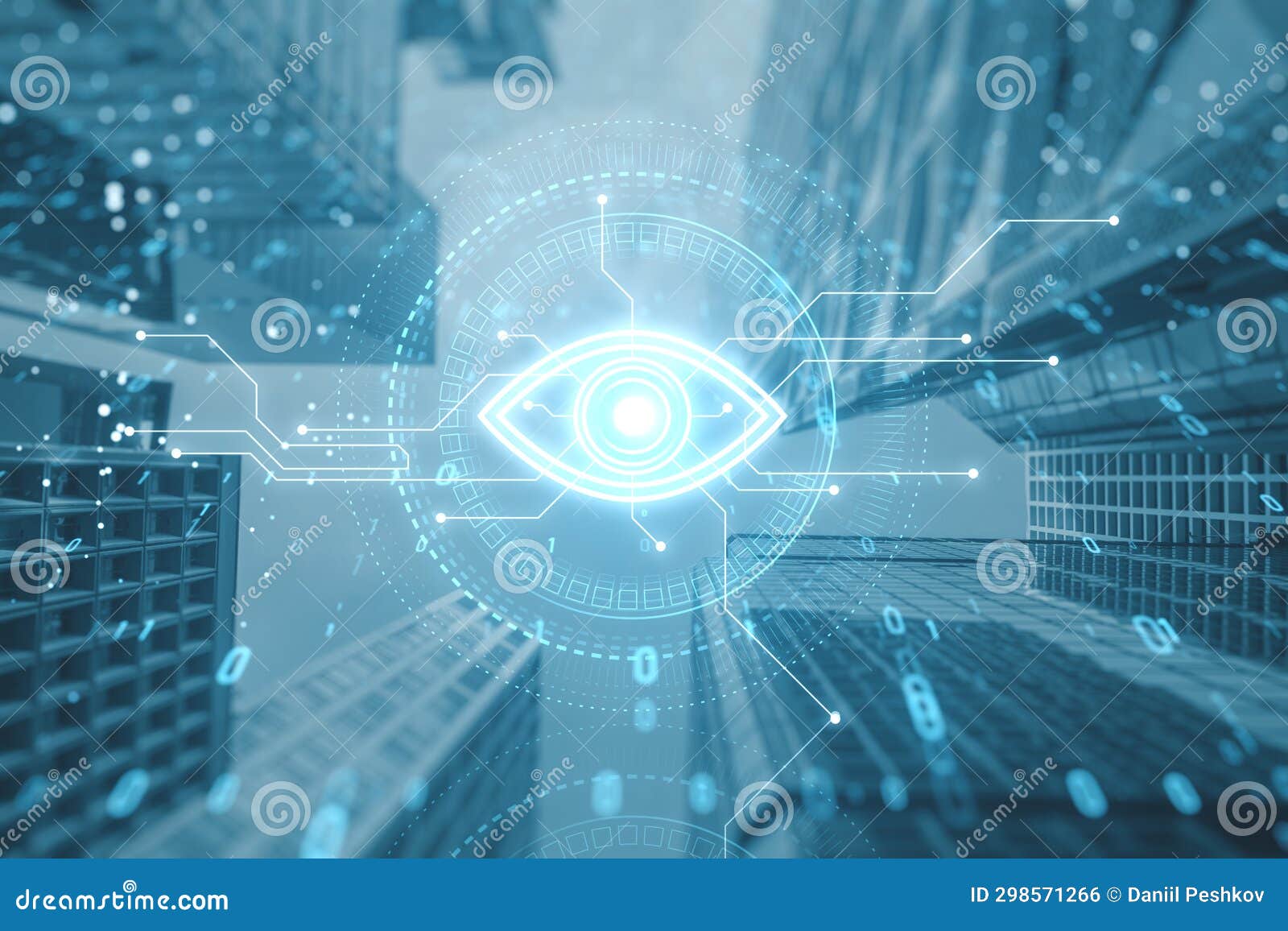 Futuristic Digital Eye Icon Overlaying Cityscape, Symbolizing Computer ...