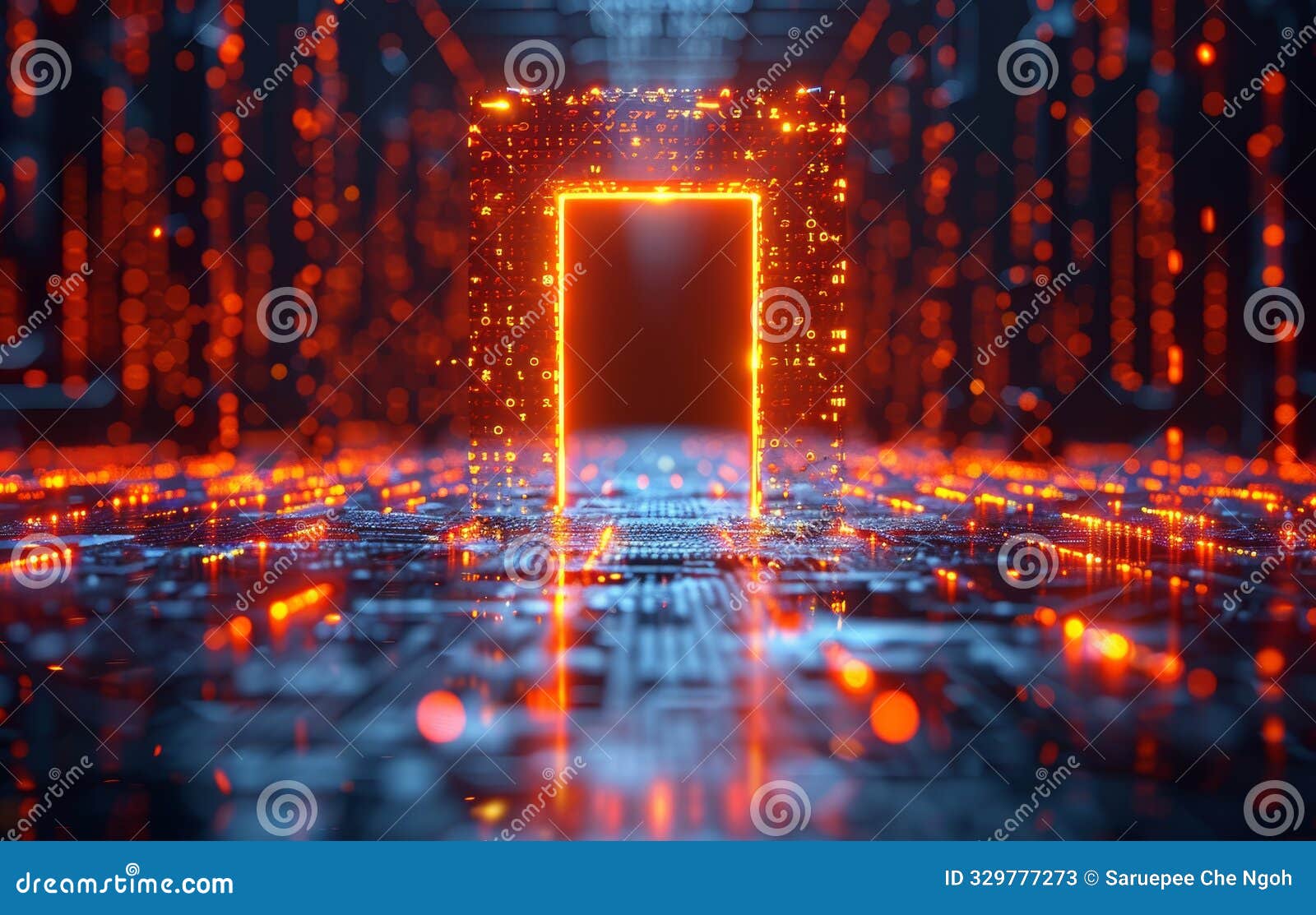 Futuristic Digital Gateway with Glowing Orange Lights in a HighTech ...