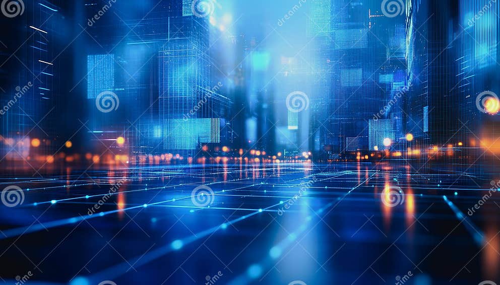 Futuristic Digital Grid in Urban Landscape Stock Photo - Image of data ...