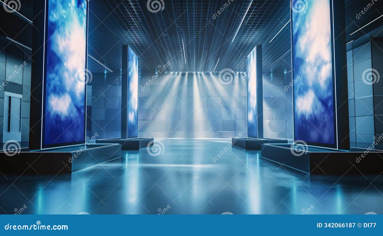 Futuristic Digital Hallway with Large Led Screens and Blue Light ...