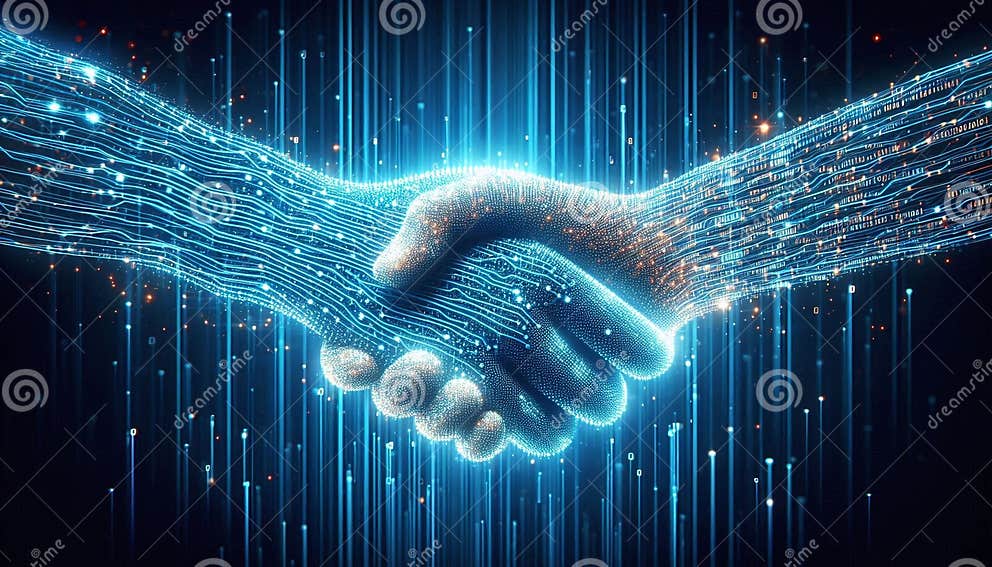 Glowing Digital Handshake with Binary Code and Data Streams Stock ...