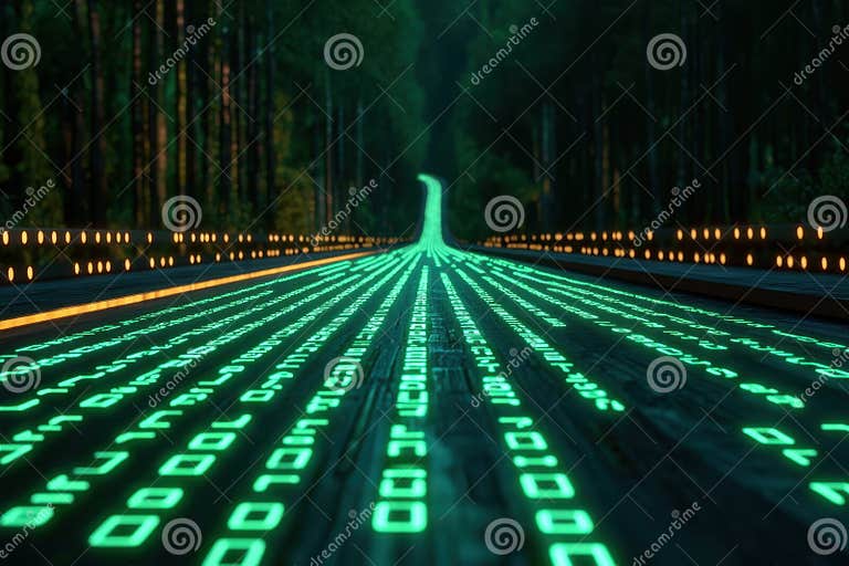 Futuristic Digital Highway Glowing Binary Code Road through Forest ...