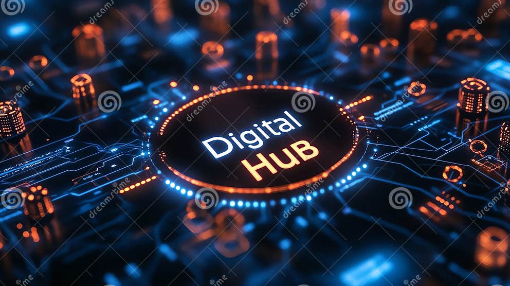 Futuristic Digital Hub with Neon Lights and Interconnected Circuits ...