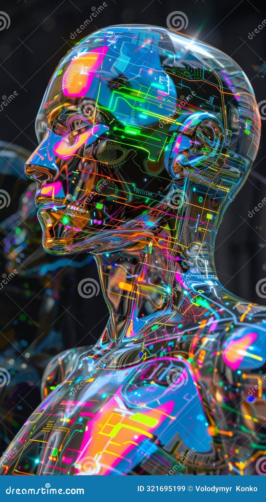Futuristic Digital Human Head with Neon Circuits, AI and Cyber ...