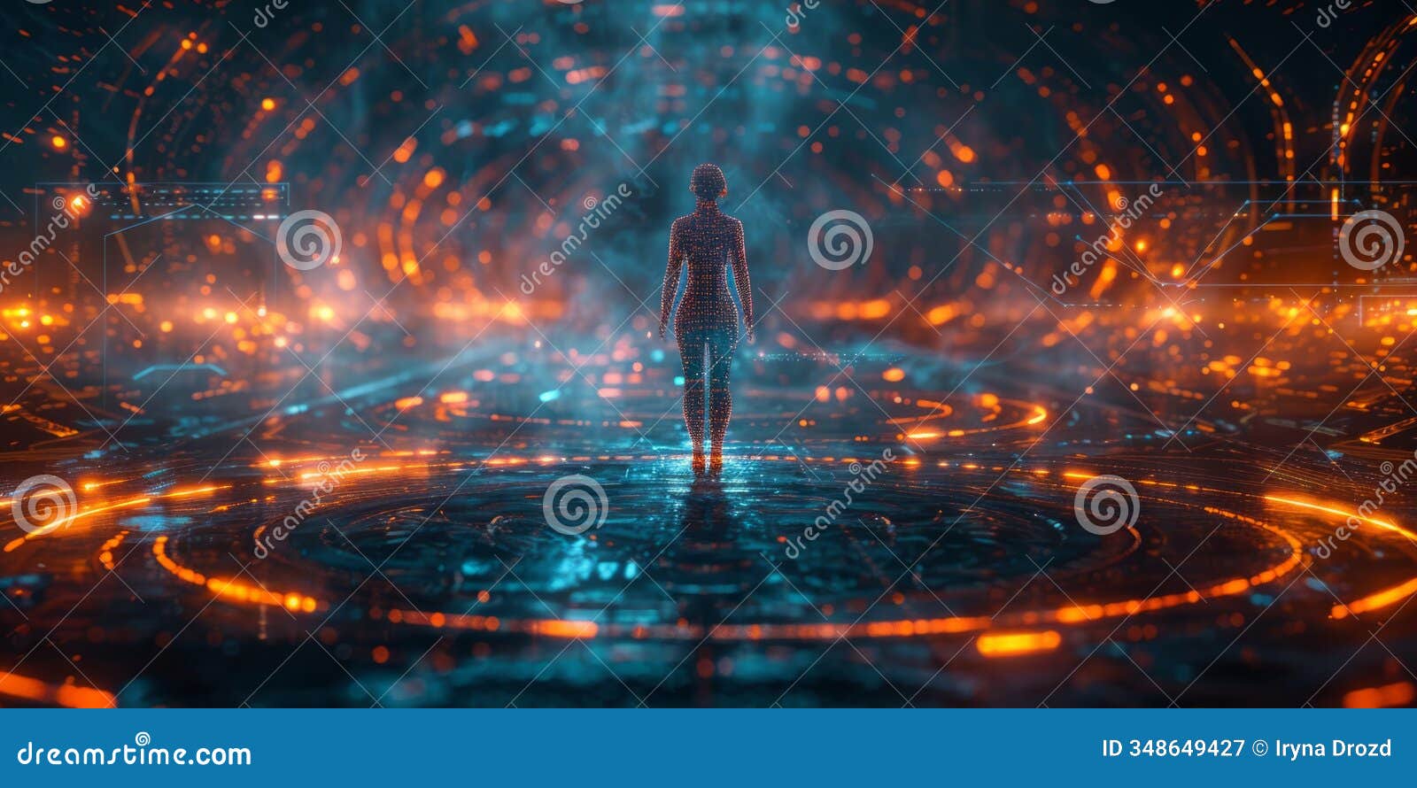 Futuristic Digital Humanoid Figure Surrounded by Glowing Orange and ...