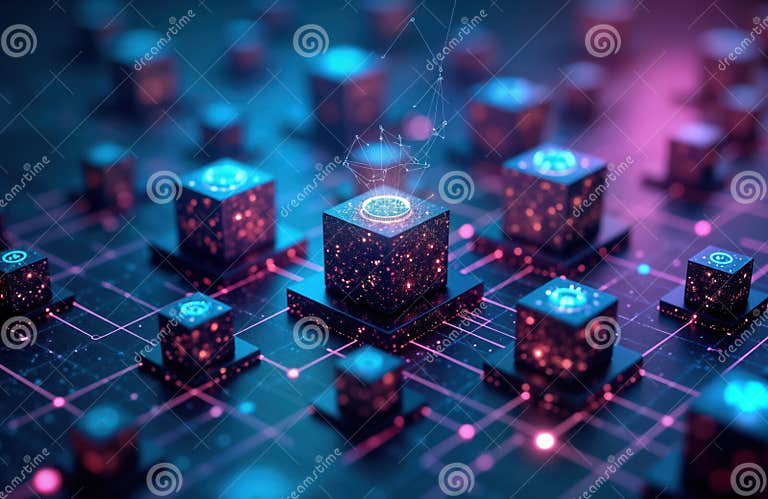 Futuristic Digital Illustration Shows Glowing Cubes Connected by ...