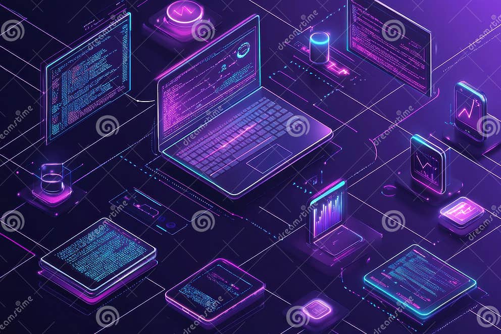 Futuristic Digital Illustration of Web Development with Neon Interface ...