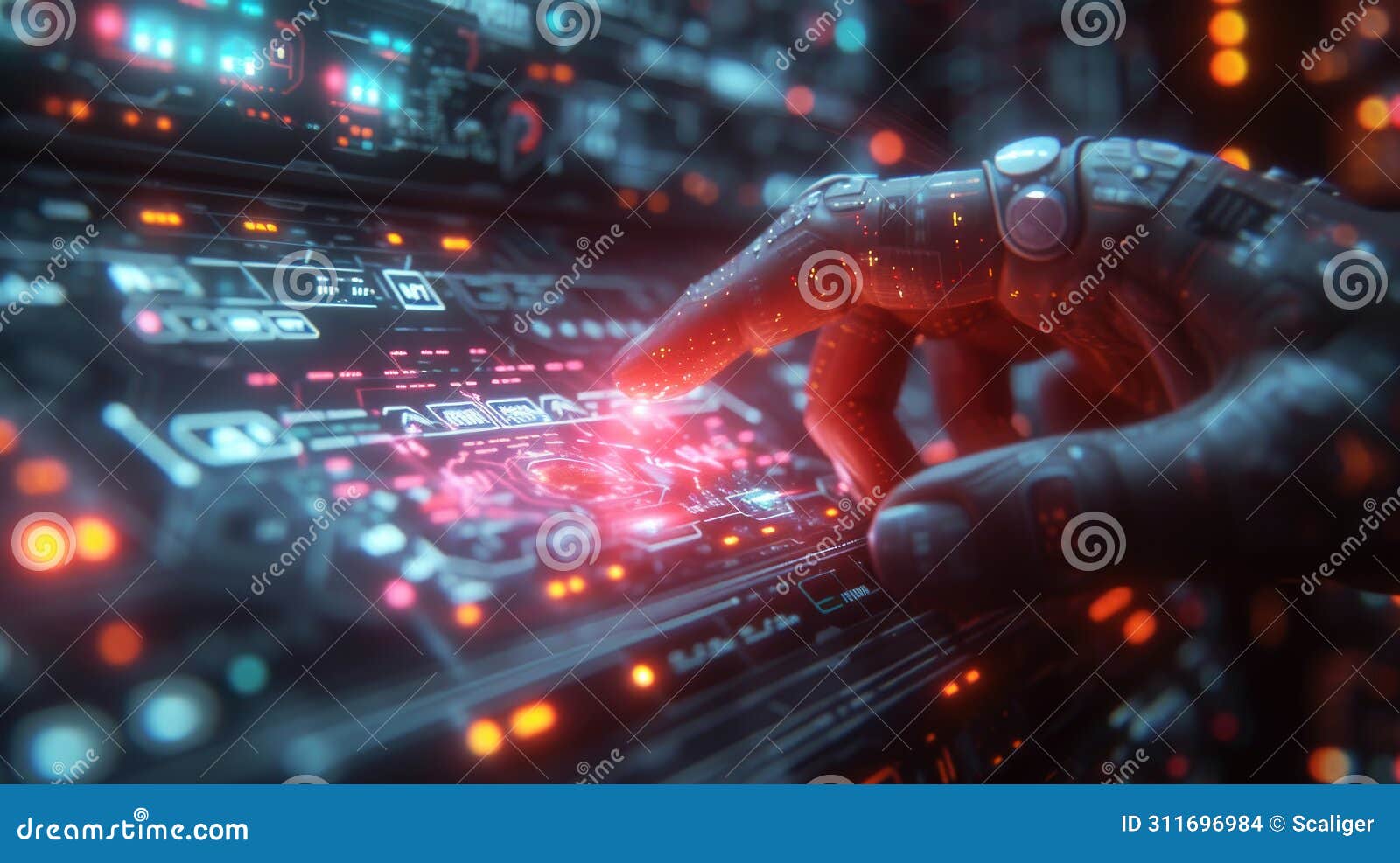 Futuristic Digital Interface of AI and Hand of Operator in Dark Control ...