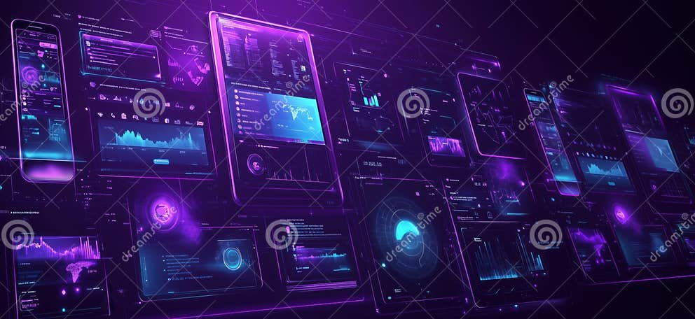 Futuristic Digital Interface with Data Visualizations, Graphs, and Analytics. Multiple Screens ...