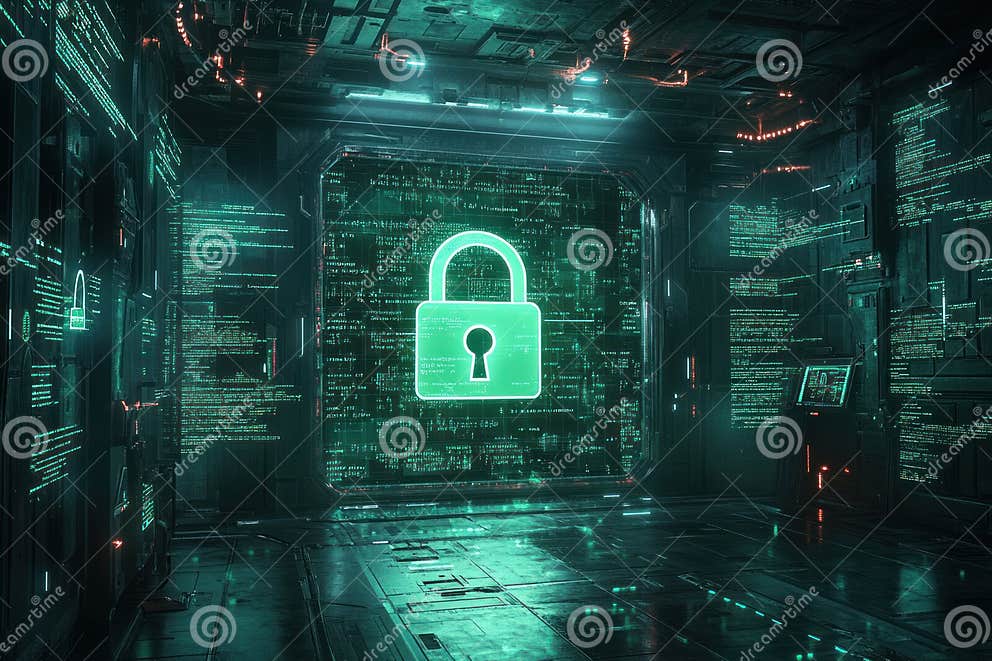 A Futuristic Digital Interface Featuring Glowing Green Lock Symbol ...