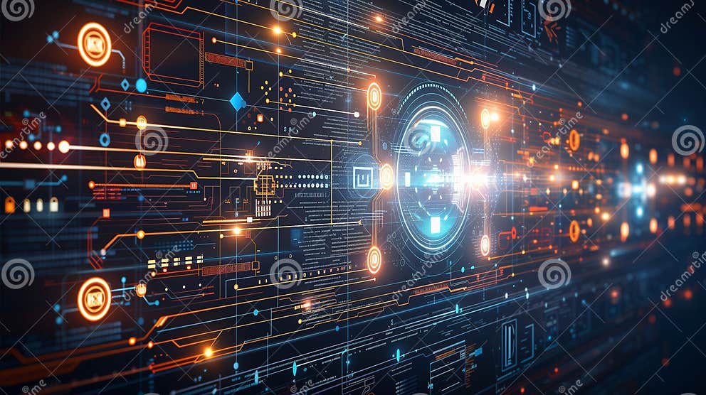 Futuristic Digital Interface with Glowing Circuits and Neon Blue and ...