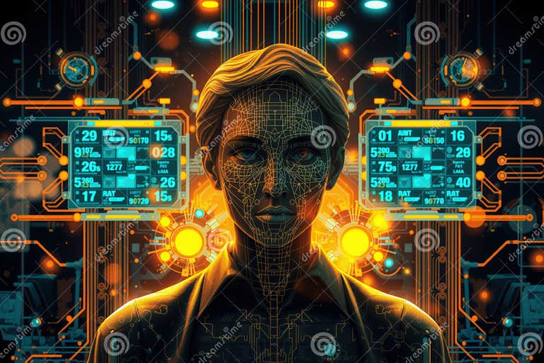 Futuristic Digital Interface with Human Figure Surrounded by Glowing ...