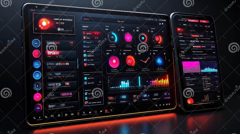 Futuristic Digital Interface with Neon Lights, Data Visualization and ...