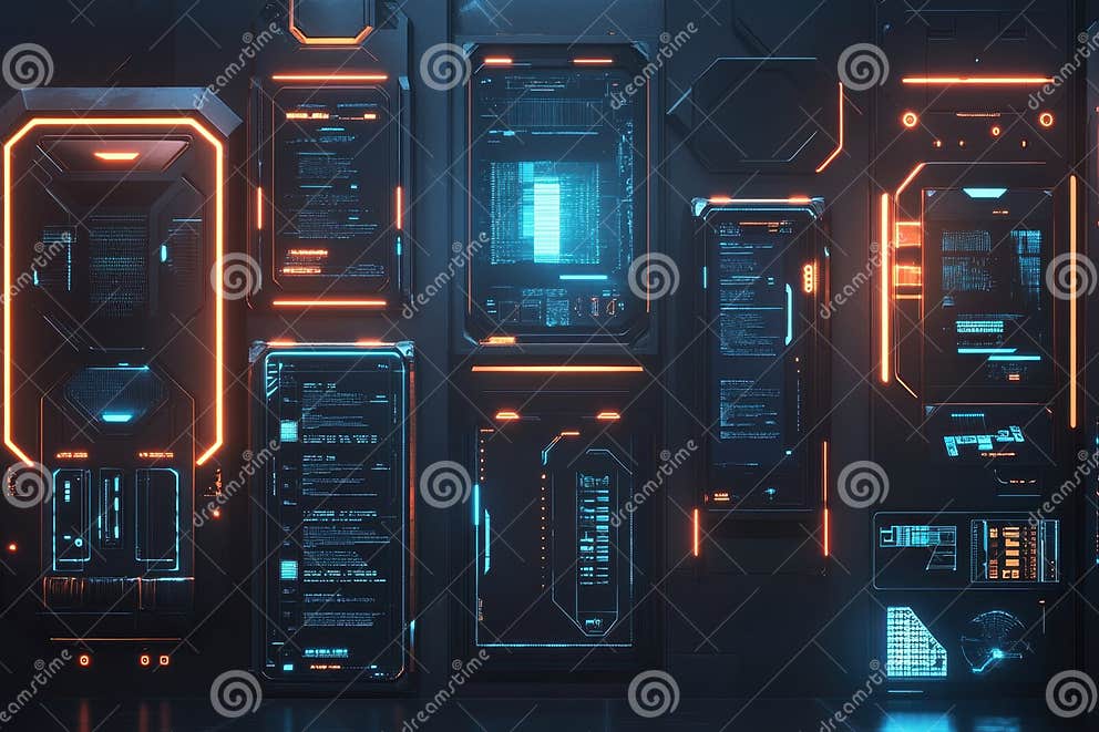 Futuristic Digital Interface Panels Glowing with Blue and Orange Light ...