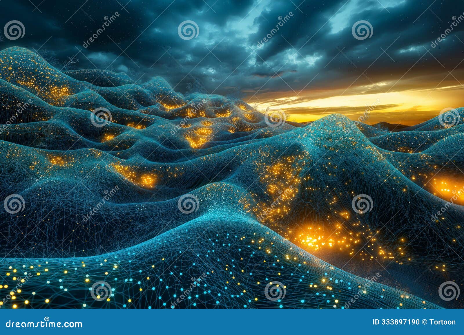 A Futuristic Digital Landscape with Glowing Data Points on a Network ...