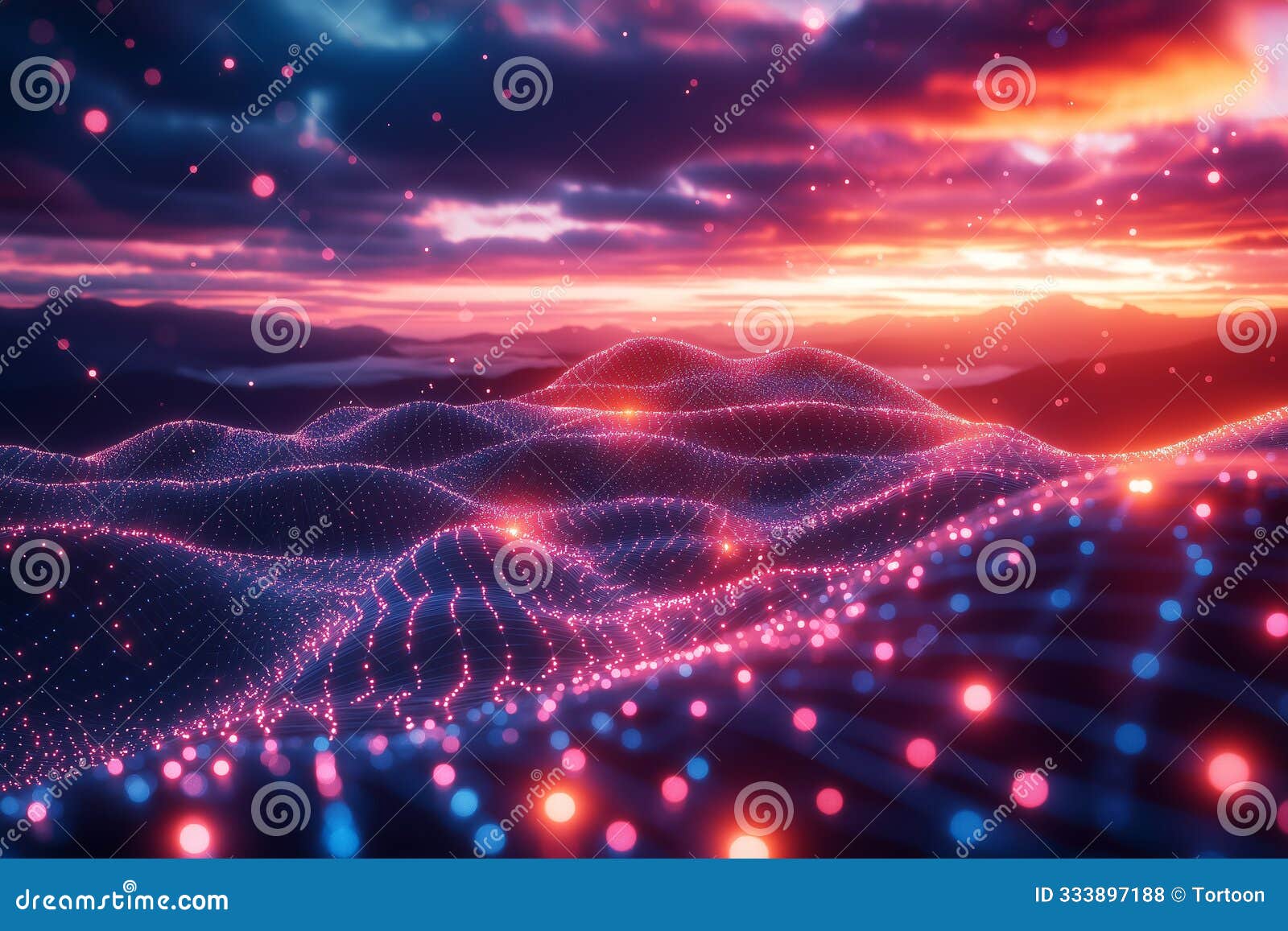 A Futuristic Digital Landscape With Glowing Grid-like Waves Under A ...
