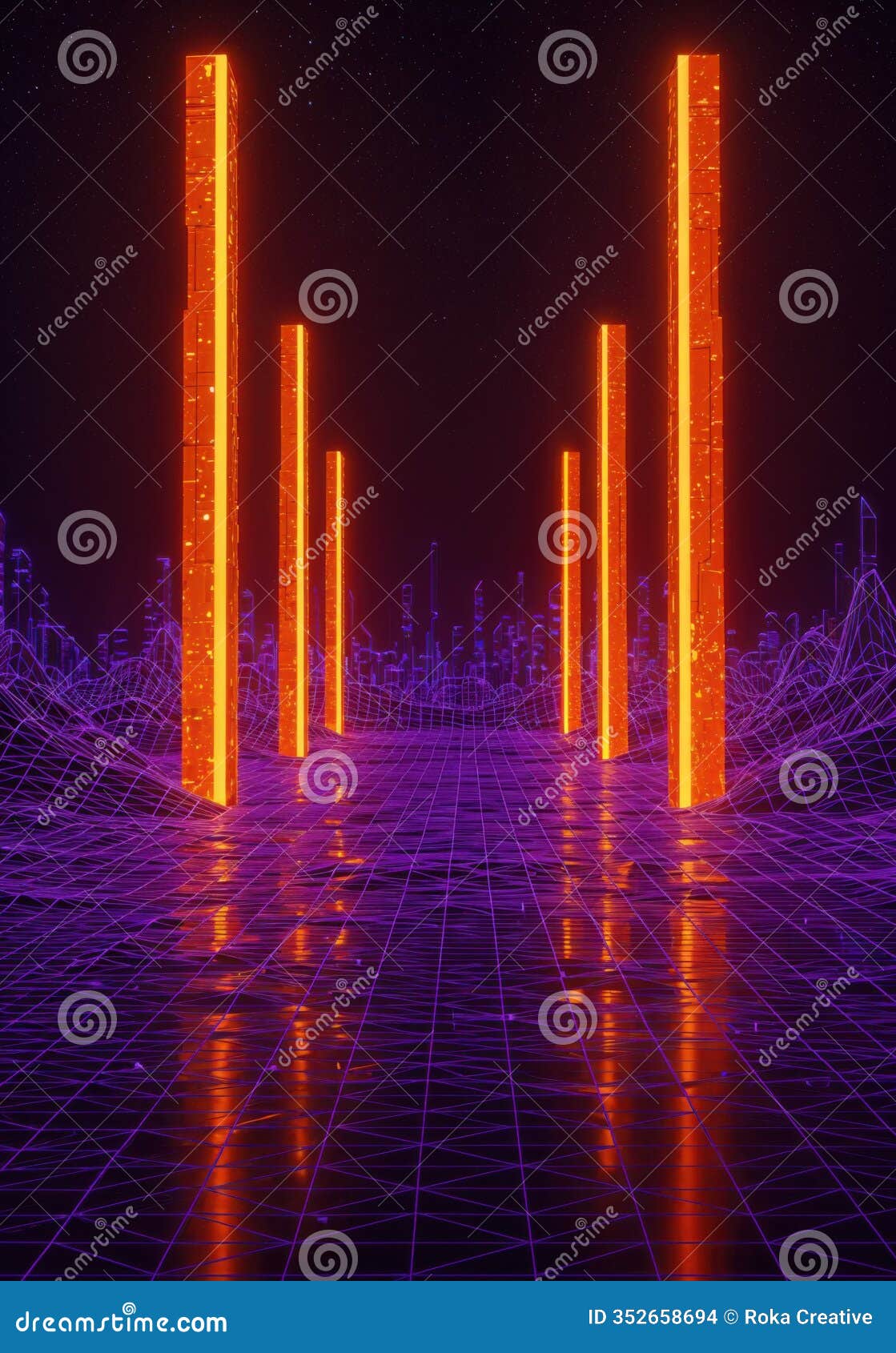 Futuristic Digital Landscape with Neon Grid and Glowing Data Pillars ...