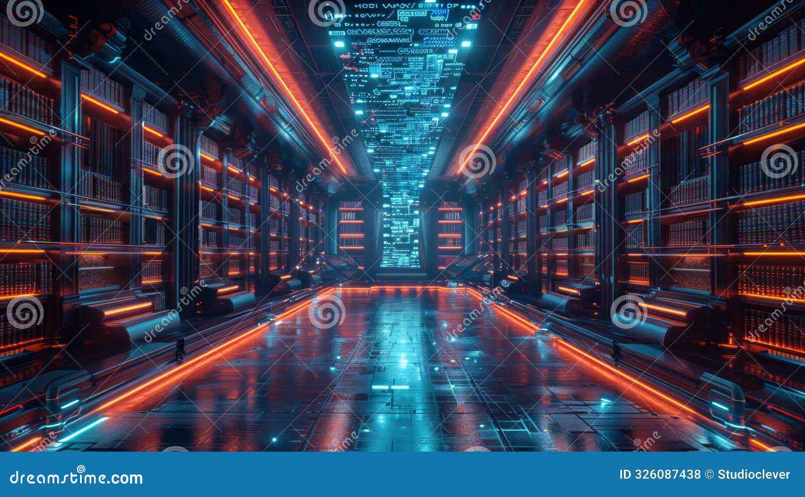 Futuristic Digital Library with Neon Lights - Generative AI Stock ...