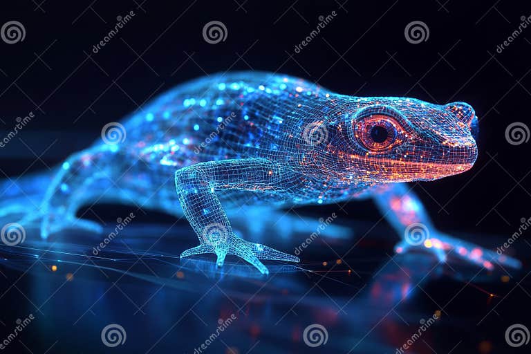 Futuristic Digital Lizard with Neon Lights and Wireframe Design on a Dark Background Stock ...