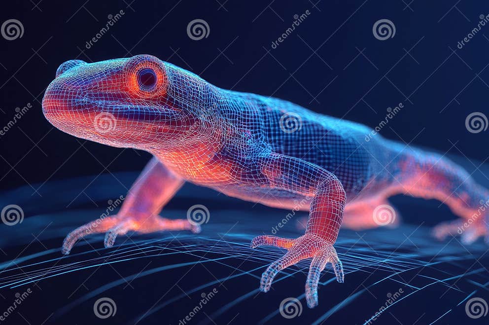Futuristic Digital Lizard with Neon Wireframe Design on Dark Background ...
