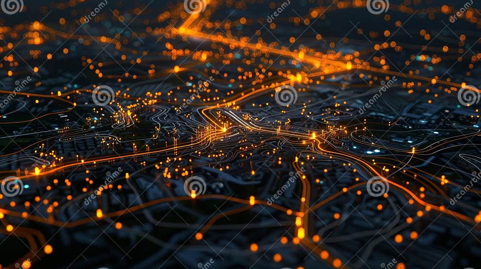 Futuristic Digital Map with Illuminated Paths and Data Nodes in ...