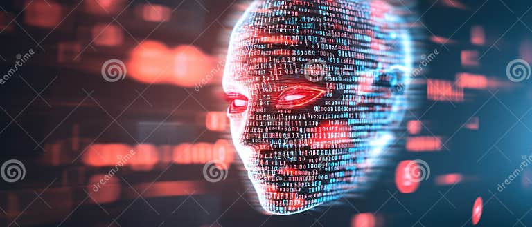 Futuristic Digital Mask with Glowing Binary Code and Red Accents Stock ...