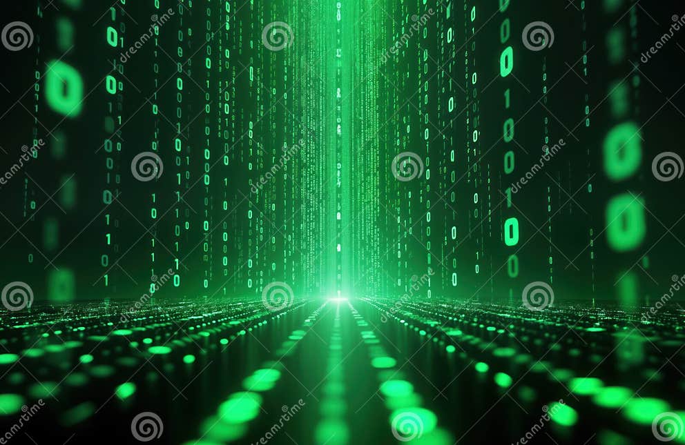 Futuristic Digital Matrix Shows Green Code Falling in Cyberspace at Night. Abstract Digital ...