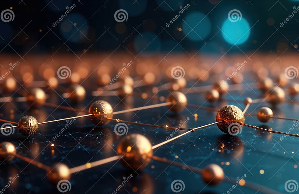 Futuristic Digital Network Matrix. Golden Spheres Connected by Lines ...