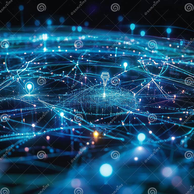 Futuristic Digital Network with Neon Blue Lights and Data Points Stock ...