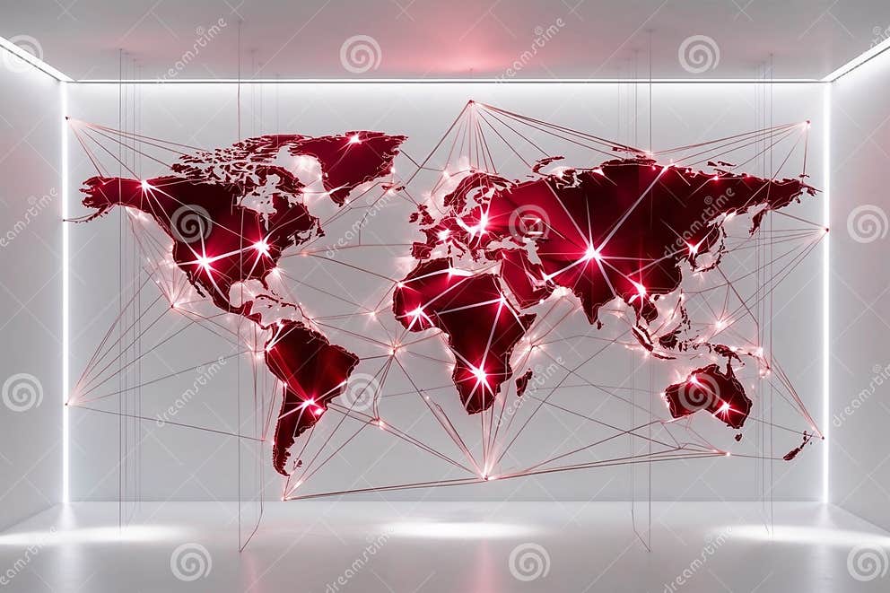 Futuristic Digital Red World Map with Glowing Dots and Grid Patterns ...