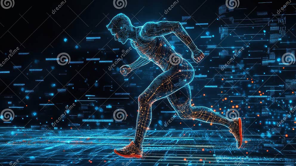 Futuristic Digital Running Figure in a High-tech Environment Stock ...