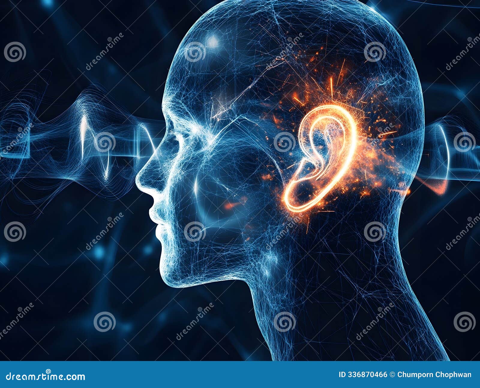 Futuristic Digital Scan of Human Brain with Hearing Disorder Stock ...