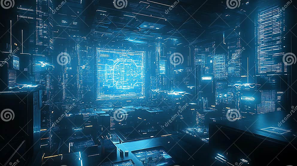 Futuristic Digital Server Room with Glowing Blue Lights and Data ...